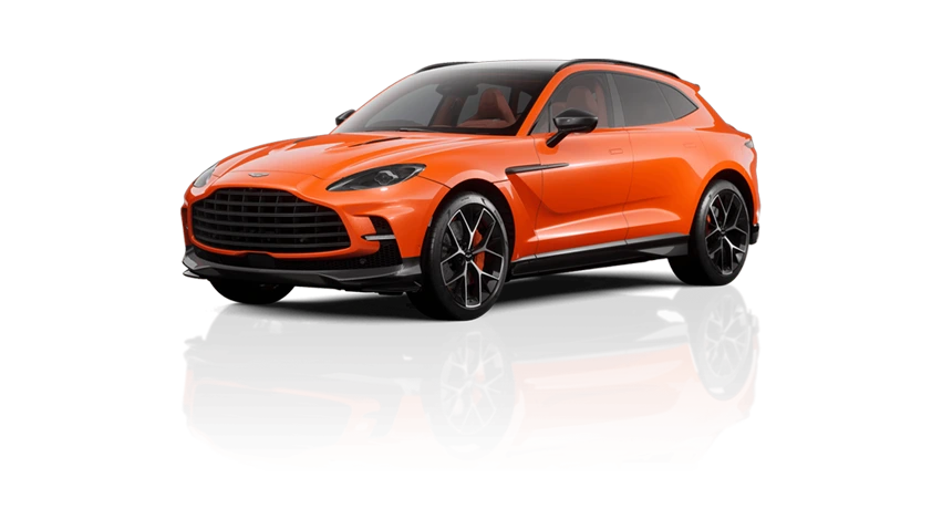 Side view of an orange Aston Martin DBX707